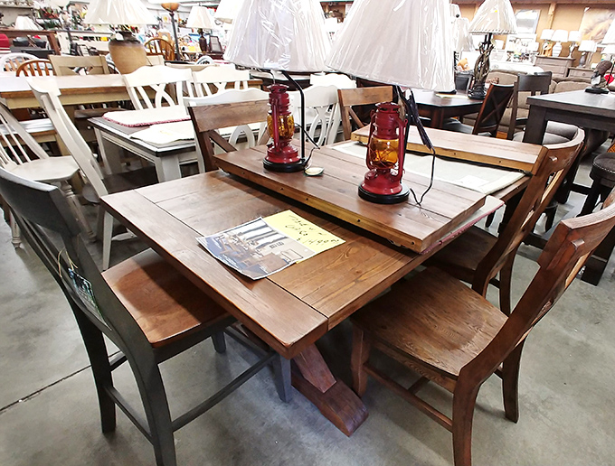 Gather 'round this rustic dining set where family stories will unfold. Those red lanterns aren't just lighting fixtures&mdash;they're ambiance creators for future memories.