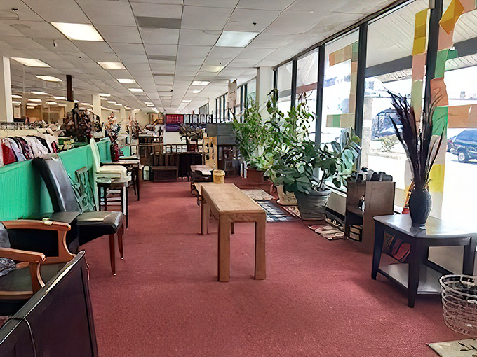 The furniture showroom creates cozy vignettes that invite you to imagine these pieces in your own home. That table has stories to tell.