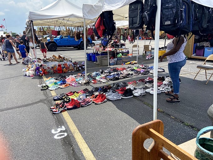 The outdoor market's shoe display is retail at its most democratic&mdash;no fancy displays, just hundreds of possibilities laid out under the open sky.