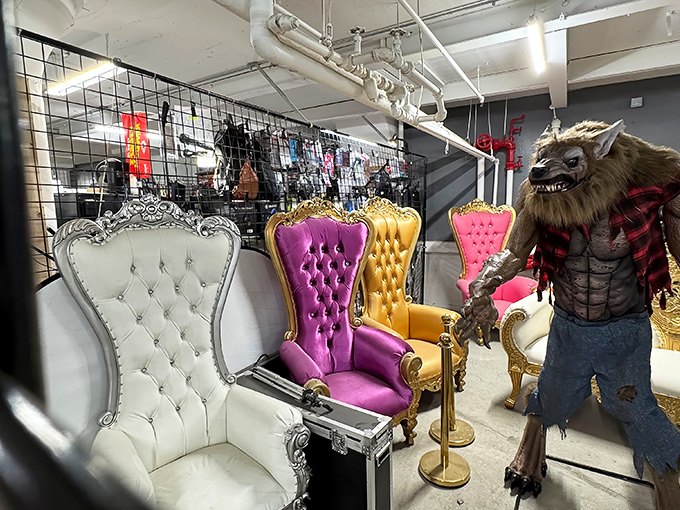 Throne room or flea market? These regal chairs and werewolf figure create perhaps the most unexpected photo opportunity in Kansas City.