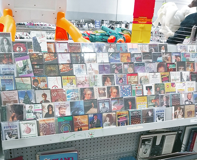 A rainbow of cassette spines creates an accidental art installation&mdash;musical history preserved in plastic and magnetic tape.