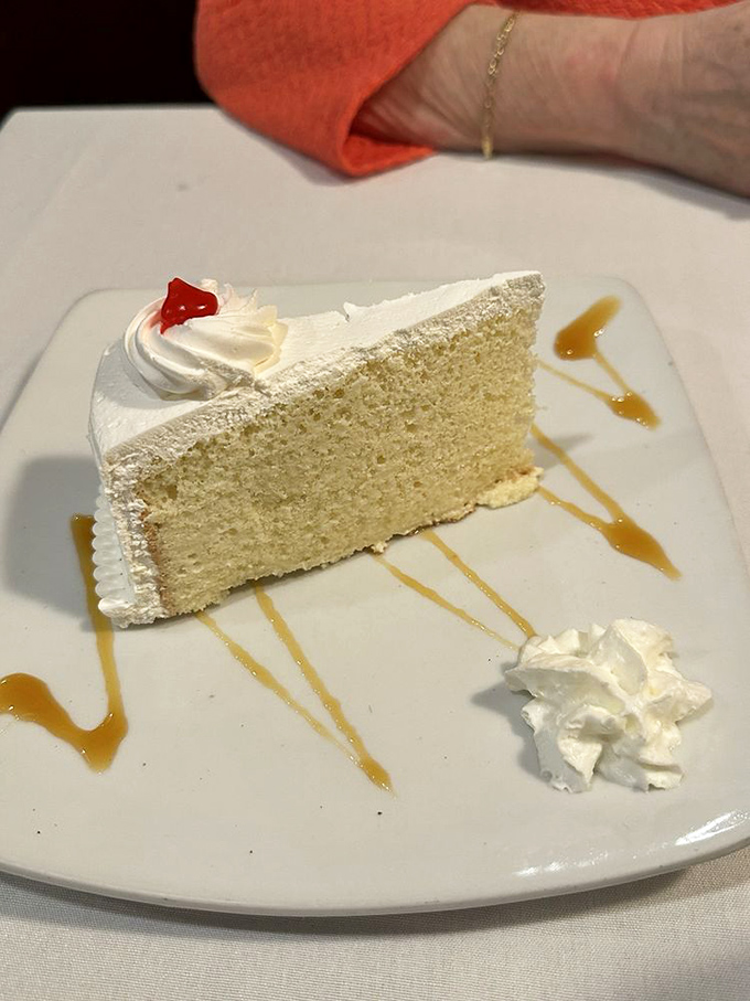 A slice of cake so light and ethereal it practically floats above the plate. The caramel drizzle is just showing off at this point.