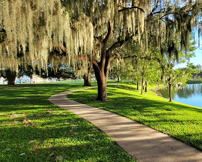 Spanish moss drapes over live oaks along this lakeside path, creating nature's version of a luxury canopy.