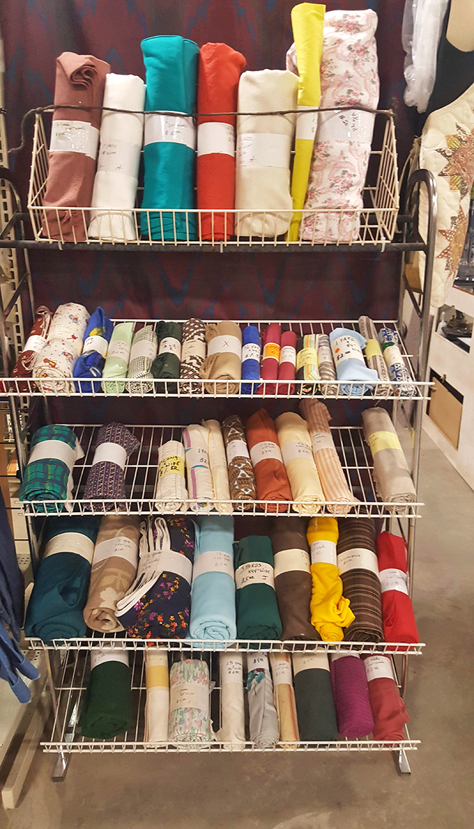 A fabric lover's fantasy arranged in rainbow perfection. Each roll contains unlimited potential for someone with imagination and a sewing machine.