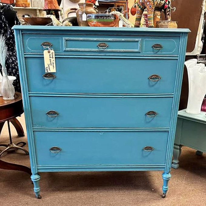 This blue dresser isn't just furniture &ndash; it's a statement piece that's lived multiple lives and is ready for its next chapter in someone's carefully curated bedroom. 