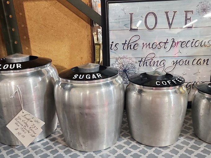 Flour, "Sugar," "Coffee" &ndash; these vintage aluminum canisters speak the universal language of grandma's kitchen, where everything had its proper place.