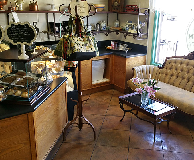 A waiting area that feels like your stylish great-aunt's living room. The display case whispers sweet temptations while you wait.