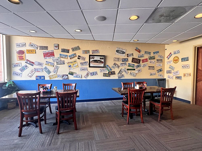 License plates from across America adorn the walls &ndash; silent testimony to travelers who've made the pilgrimage to this waffle wonderland.