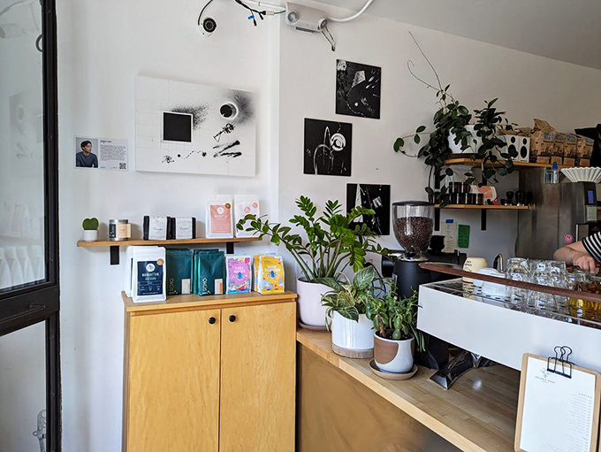 The coffee bags, minimalist art, and thriving plants create a space that feels curated without trying&mdash;like your coolest friend's apartment but with better coffee.