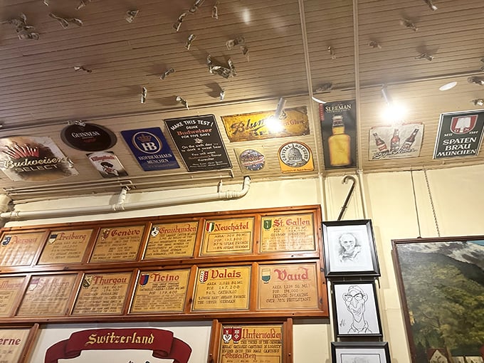 The walls tell stories of brewing history and Swiss heritage, creating a museum-like backdrop for your cheese-fueled adventures.