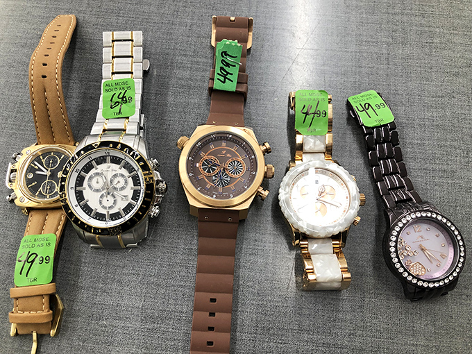 Time stands still in the watch display, where luxury timepieces and quirky wristwatches tick away at prices that won't break the bank.