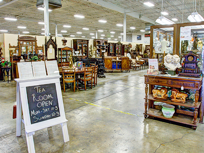 The "Tea Room Open" sign promises a civilized respite after treasure hunting, surrounded by furnishings that have witnessed countless conversations over centuries.
