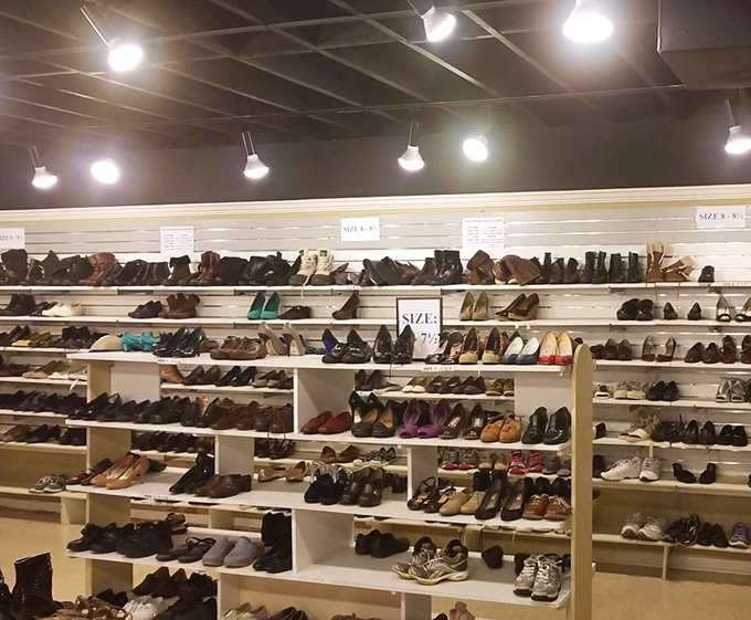 Shoe paradise! Row after row of footwear proves that one person's castoffs become another's "I can't believe I found these!" treasures.