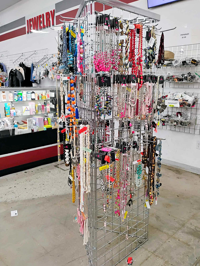 A jewelry display that looks like it raided every grandmother's costume collection from Miami to Tallahassee. Those beads have seen some Florida sunsets.