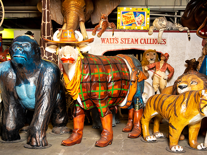 The jungle comes to Pennsylvania with these vintage carnival animal figures. That plaid-jacketed bull definitely has personality.