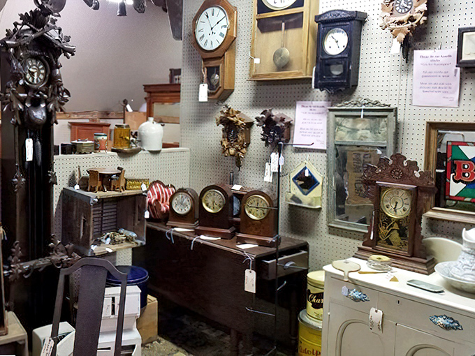 A wall of ticking treasures, each clock marking time from an era when "watching the hours pass" wasn't a smartphone function.