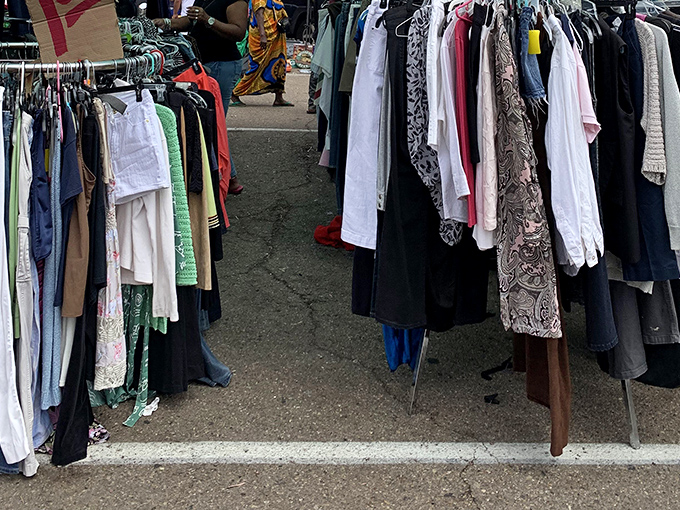 The clothing corridor—where patience rewards the persistent. Somewhere in these racks is the perfect shirt you didn't know you needed.