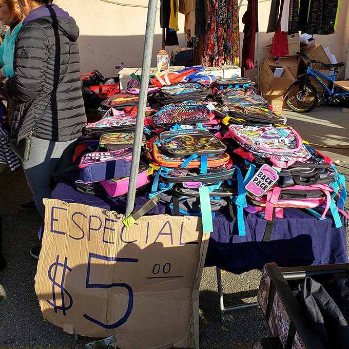 Backpack bonanza! Five dollars scores you a new school bag that might just survive until next semester's swap meet visit.