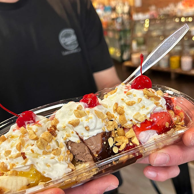 Not just a banana split, but a monument to excess. When ice cream, whipped cream, cherries, and nuts join forces, everybody wins.