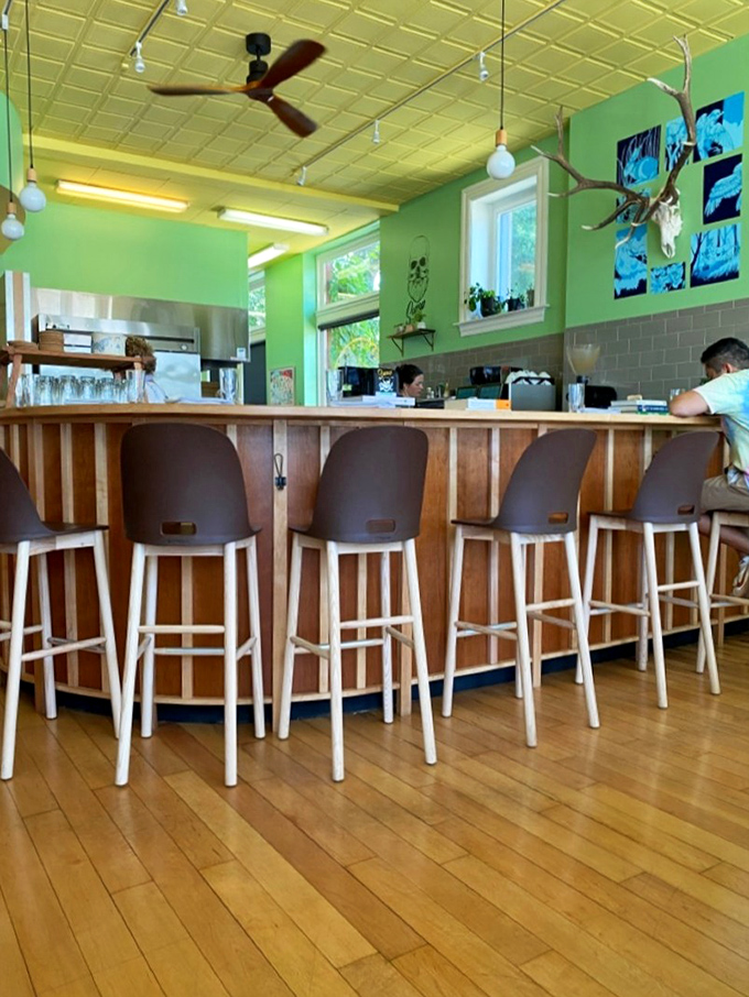 Modern chairs line the wooden bar where breakfast alchemy happens, with antlers and artwork adding whimsical touches.