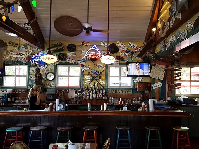 A bar adorned with license plates and coastal memorabilia&mdash;the kind of place where everybody knows your name by your third visit.