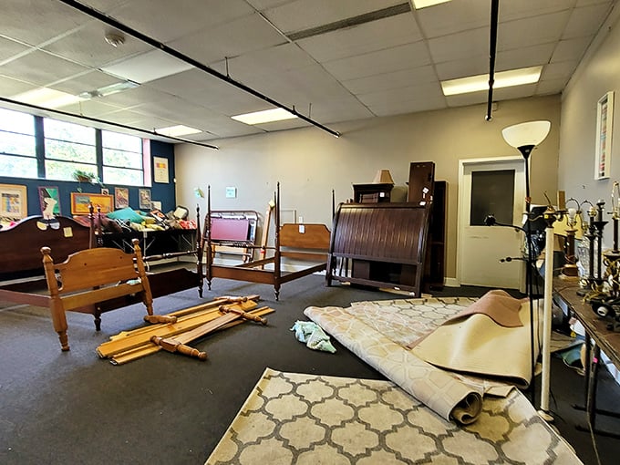 Bedroom furniture in various states of assembly offers unlimited potential. That four-poster bed frame might have hosted royalty (or at least felt like it).