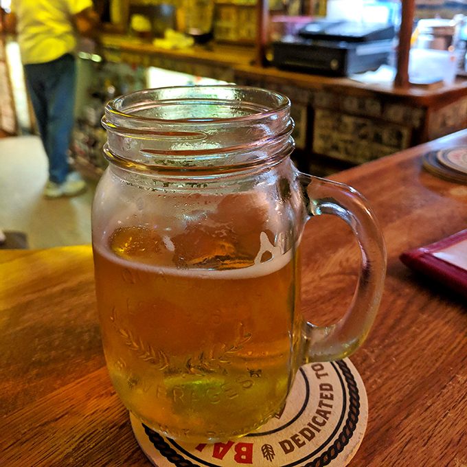 Beer served in a mason jar &ndash; because when you're this authentic, fancy glassware would just get in the way of the experience.