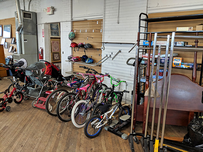 Bicycles of all sizes stand at attention, ready for new adventures. That green kid's bike could become someone's first taste of two-wheeled freedom.