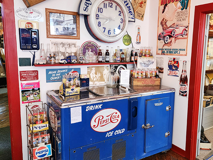 Vintage bottles line the shelves like colorful soldiers, each one representing a different era's style.