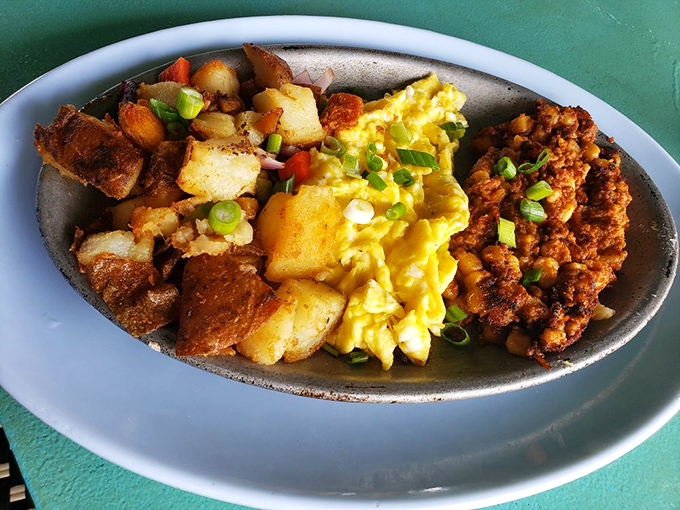 Breakfast that doesn't know the meaning of restraint. Those home fries have clearly been living their best life.