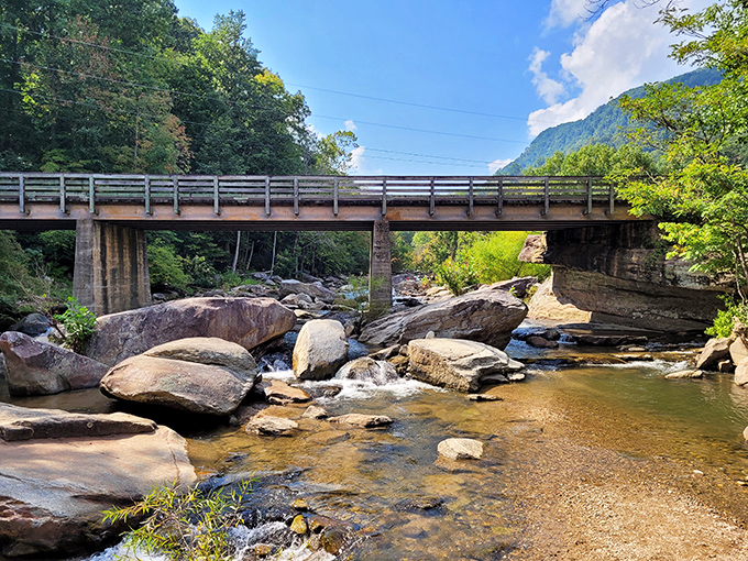 Beneath this unassuming bridge, Rocky Broad River tumbles over boulders that have been perfecting their positions for millennia.