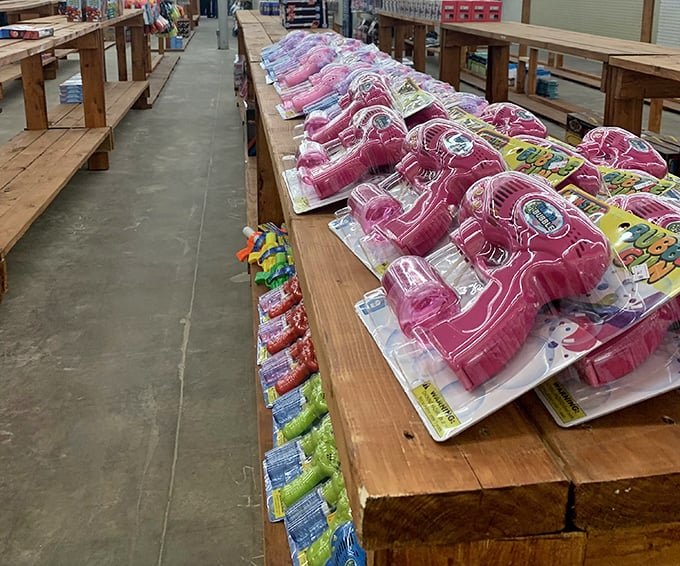 Childhood nostalgia lines these shelves, proving that yesterday's toys still bring joy without today's need for batteries or Wi-Fi.