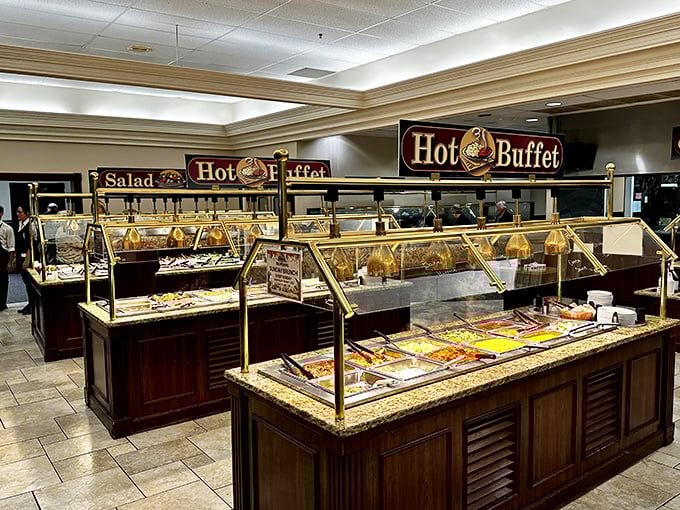 The buffet in all its glory&mdash;a parade of steam tables offering everything from roasted meats to vegetable sides. Decision paralysis has never been so delicious.