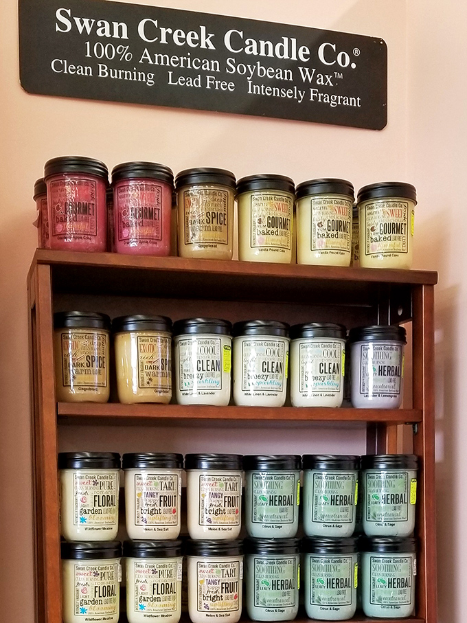 The Swan Creek Candle display &ndash; where "I'll just smell one" becomes an hour-long olfactory journey through every season and baked good imaginable.