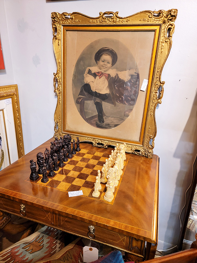 A vintage chess set beneath a portrait of a bygone era&mdash;two different ways to capture history in one magnificent corner.
