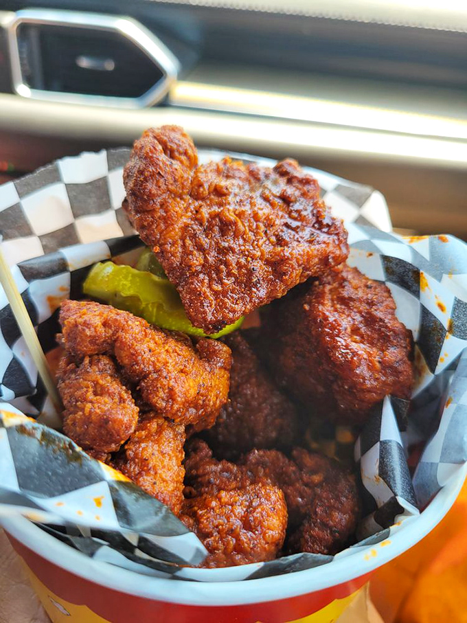 Hot chicken in its most poppable form, making car eating dangerously addictive. The pickle slice is there for your health, obviously.