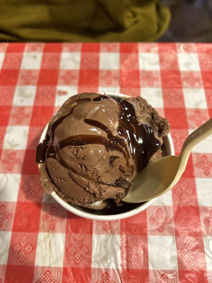 Chocolate ice cream with hot fudge drizzle&mdash;because sometimes the simple classics outperform all the fancy newcomers with their avocado this and charcoal that.
