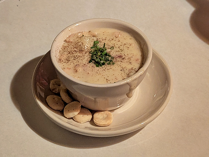 A bowl of clam chowder that could warm the coldest Wisconsin night. Creamy, aromatic, and surrounded by oyster crackers like little life rafts of delight.
