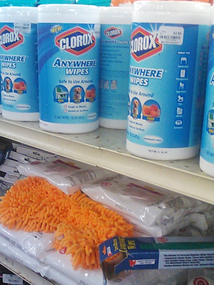 Even cleaning supplies get a second chance. Those Clorox wipes and orange dusters are ready to tackle someone else's dust bunnies. 