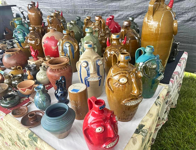 Face jugs and folk pottery with personality. These clay characters with expressive eyes have been an Appalachian tradition for generations.