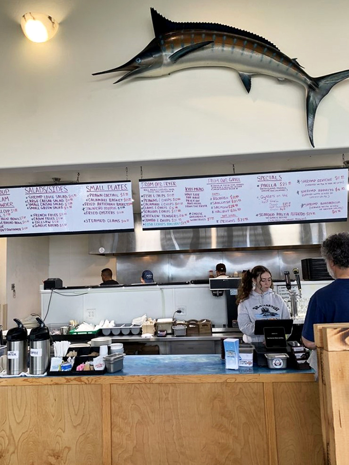 Where the magic happens&mdash;a counter topped by a marlin that seems to be saying, "Trust me, I know good fish when I see it."