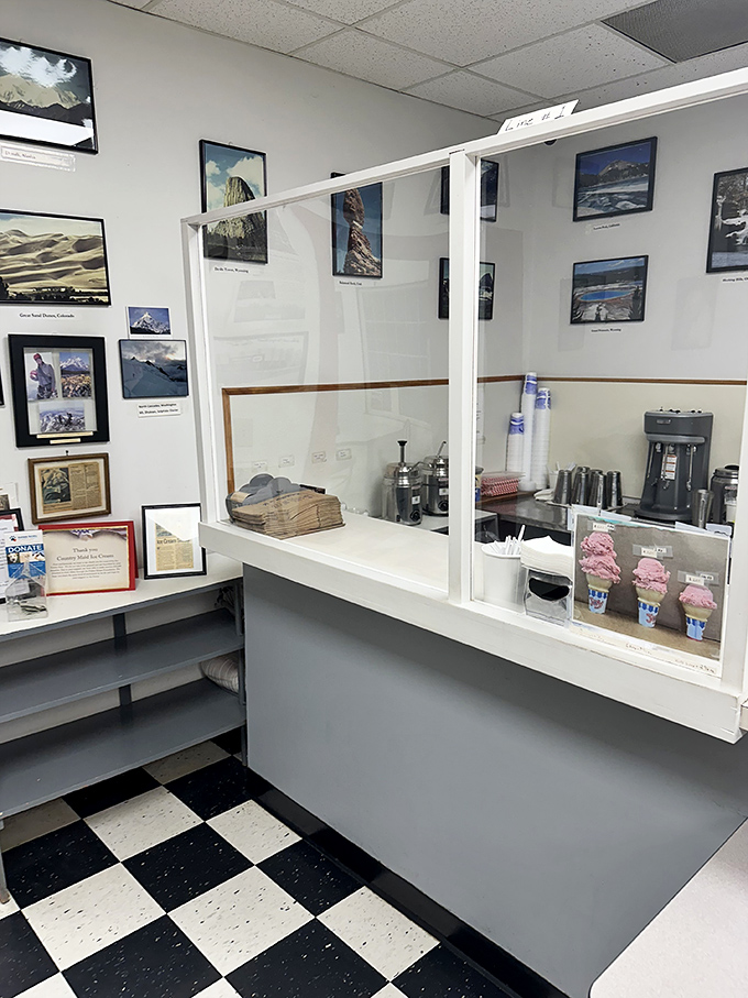 The serving counter, where dreams come true and diets go to die. Those mountain landscape photos remind you life's too short not to indulge.