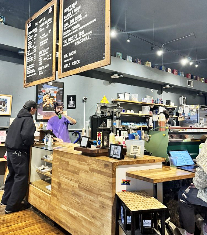 Wooden counters and shelves lined with Star Wars figures create a coffee command center Captain Kirk would approve of. The force is strong with this brew.