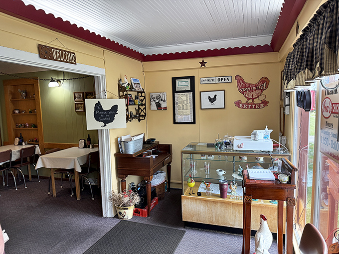 The entrance area's chicken-themed decor and welcoming signs make it clear&mdash;you've entered a place where poultry is taken very seriously.