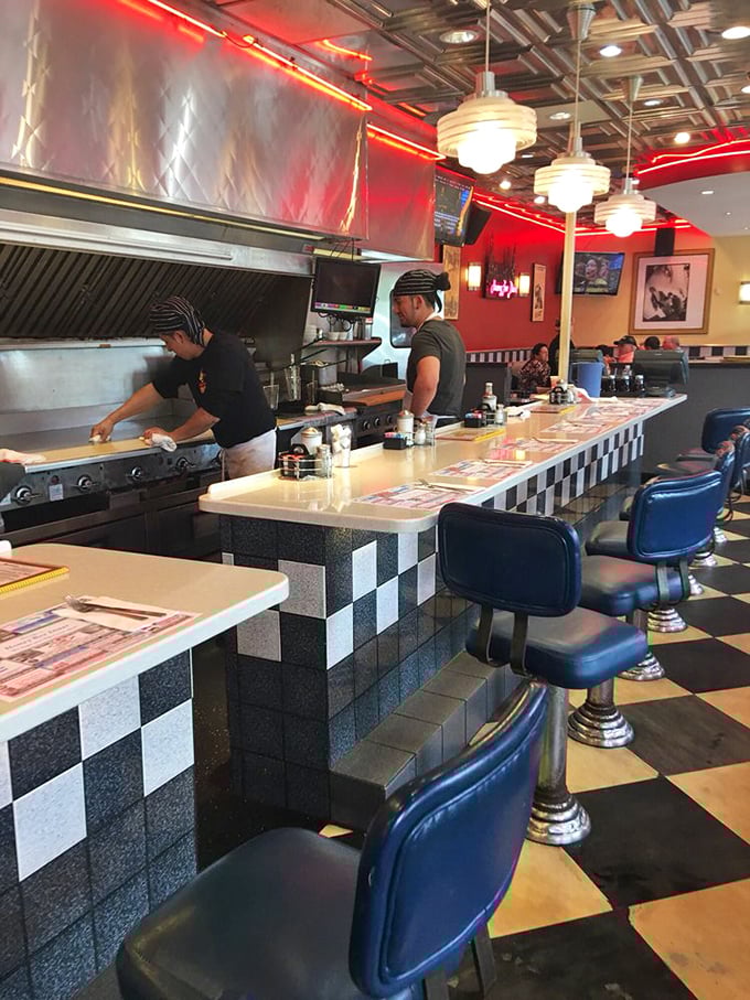 The classic black and white checkered counter isn't retro by accident &ndash; it's a deliberate homage to when diners were America's great democratic dining rooms.