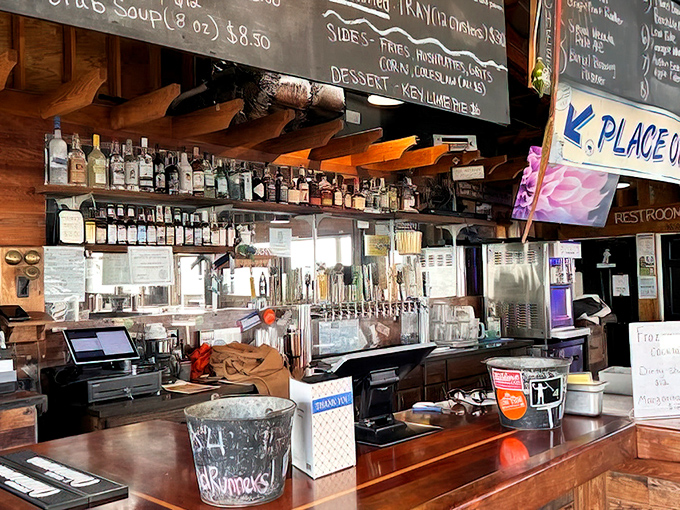 The bar area&mdash;where local brews flow freely and the staff knows exactly what you need after a long day of beach combing.