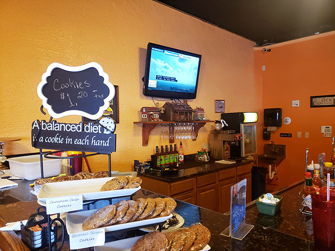 The dessert counter proves that cookies are perfectly acceptable breakfast food. As the sign wisely notes, "A balanced diet is a cookie in each hand."