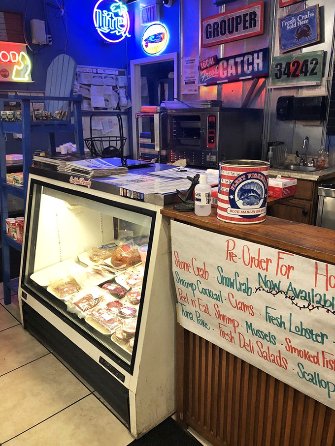 Where the magic happens&mdash;fresh seafood on display, neon signs glowing, and the promise of "Local Catch" that wasn't swimming too long ago.