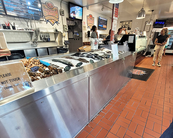The counter where seafood dreams begin &ndash; stainless steel simplicity that lets the star attractions shine without unnecessary frills or distractions.