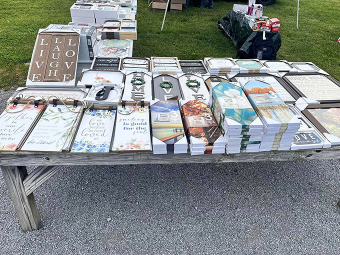 "Live, Laugh, Love" signs for days! The modern hieroglyphics of home decor spread across tables like manifestos of domestic happiness.